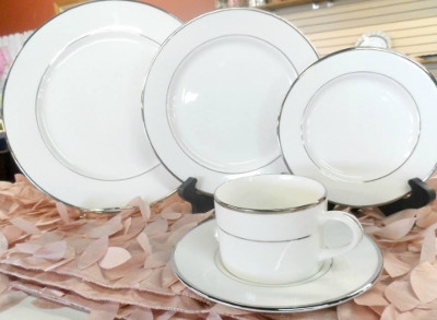 White China with Silver Trim Dinnerware Collection | Red Hat Rentals ...